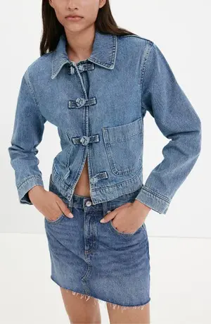 Mango Cropped Denim Jacket With Knotted Toggles - Medium Blue