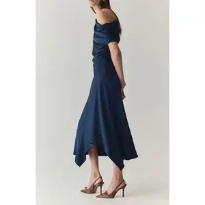 Mango Asymmetrical Satin Midi Dress - Navy