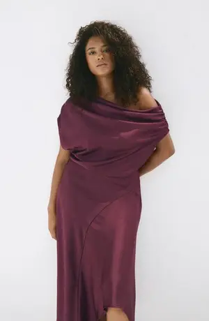 Mango Asymmetrical Satin Midi Dress - Wine