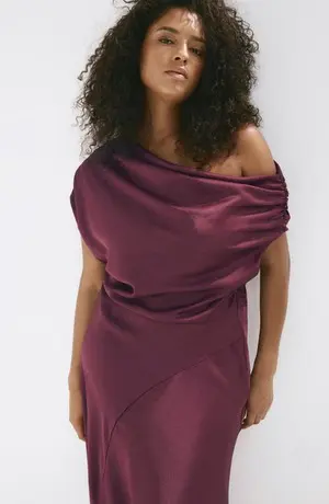 Mango Asymmetrical Satin Midi Dress - Wine