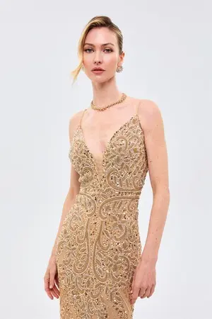 BEAUUT Embellished Sequin Maxi Dress With Trail