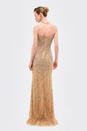 BEAUUT Embellished Sequin Maxi Dress With Trail