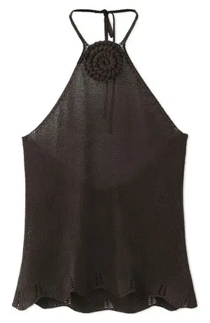 Mango Floral Crocheted Halter Top - Chocolate