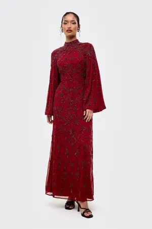 MARYISA Modest Embellished Sequins High Neck Gown - Maroon