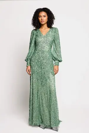 BEAUUT Embellished Sequins Net Gown - Green