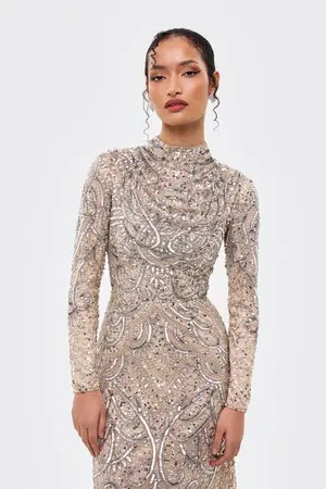 MARYISA Modest Cowl Embellished Sequins Maxi Dress
