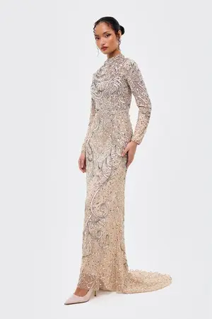 MARYISA Modest Cowl Embellished Sequins Maxi Dress