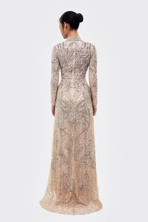 MARYISA Modest Cowl Embellished Sequins Maxi Dress