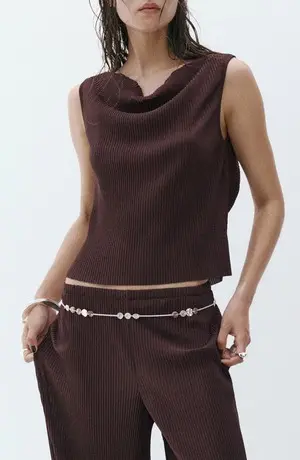 Mango Bead Detail Textured Sleeveless Top - Chocolate
