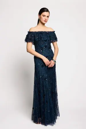 BEAUUT Floral Embellished Sequins Maxi Dress - Navy