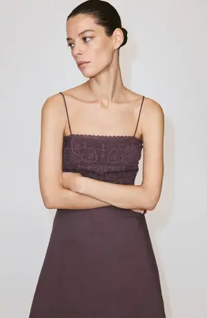 Mango Embroidered Beaded Linen Blend Dress