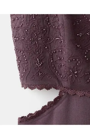 Mango Embroidered Beaded Linen Blend Midi Dress With Lace Trim