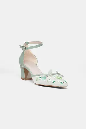 PROLOGUE SHOES Bridal Embellished Pointed Toe Block Heel Pumps - Green