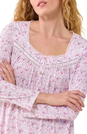 Eileen West Long Sleeve Nightgown With Lace Trim And Floral Print - White Daisy