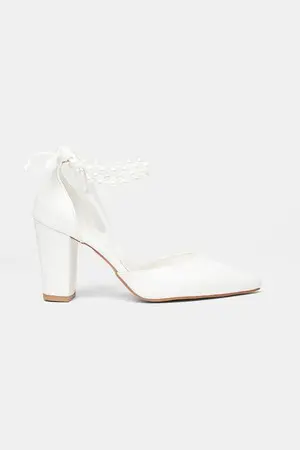 PROLOGUE SHOES Elisa Block Heel Bridal Pumps With Pearl Ankle Strap And Ribbon Ties