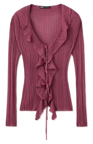 Mango Ruffle Rib Tie Front Cardigan