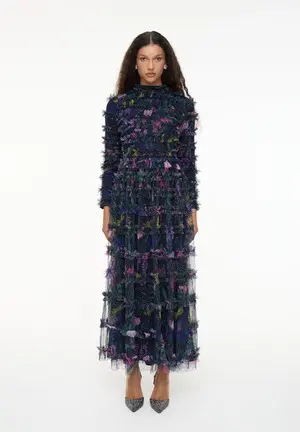 MARYISA Floral Ruffle High Neck Maxi Dress