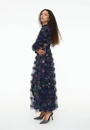 MARYISA Floral Ruffle High Neck Maxi Dress