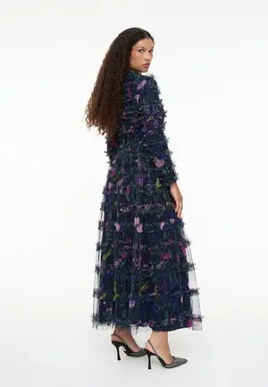 MARYISA Floral Ruffle High Neck Maxi Dress