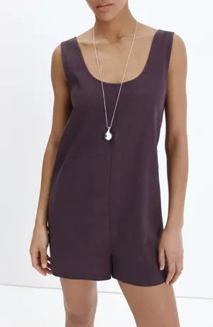 Mango Linen Blend Square Neck Open Back Romper - Purple
