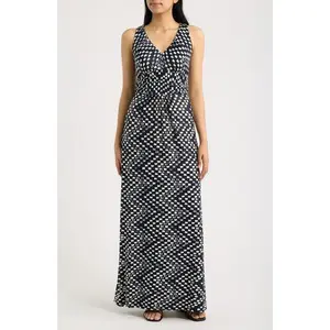 Loveappella Graphic Stripe V-neck Empire Waist Maxi Dress