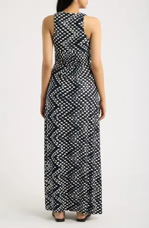 Loveappella Graphic Stripe V-neck Empire Waist Maxi Dress