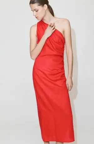 Mango Asymmetrical Pleated Midi Dress - Orange