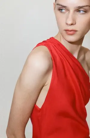 Mango Asymmetrical Pleated Midi Dress - Orange