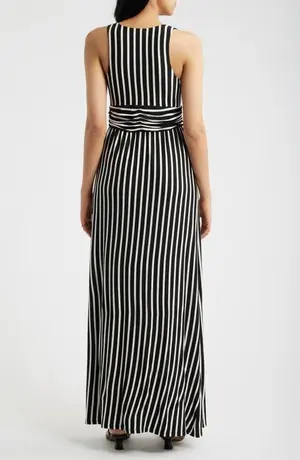 Loveappella Striped V-neck Empire Waist Maxi Dress