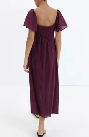 Mango Textured Gathered Empire Waist Maxi Dress - Maroon