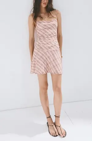 Mango Gathered Checked Dress - Pink