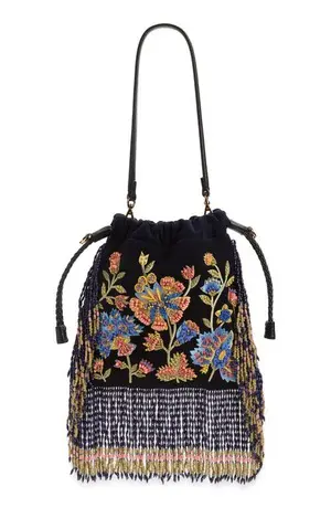 Etro Kalispera Beaded Fringe Suede Shoulder Bag - Blue