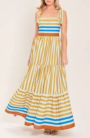 FLYING TOMATO Stripe Tiered Cotton Maxi Sundress - Beige/multi