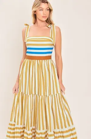 FLYING TOMATO Stripe Tiered Cotton Maxi Sundress