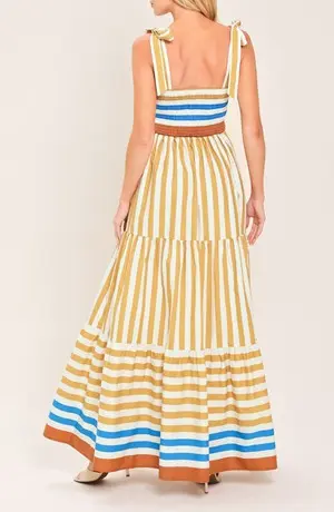 FLYING TOMATO Striped Tiered Cotton Maxi Sundress