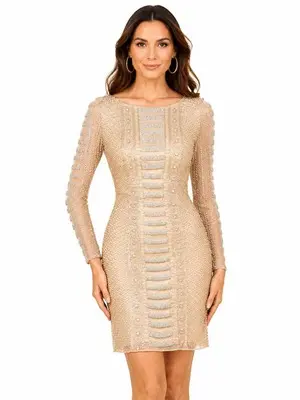 LARA NEW YORK Beaded Faux-wrap V-neck Bridal Gown - Champagne