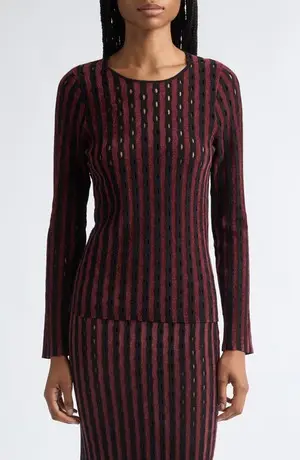 ZANKOV Striped Perforated Crewneck Sweater - Raisin Multi