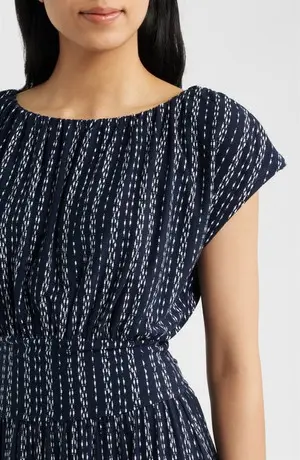 Loveappella Cap Sleeve Smocked Waist Printed Midi Dress
