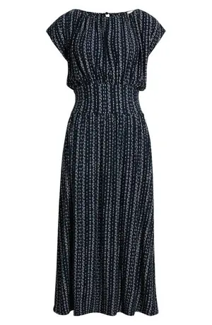 Loveappella Cap Sleeve Smocked Waist Printed Midi Dress