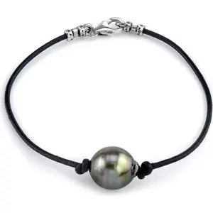 The Pearl Source Tahitian South Sea Baroque Pearl Leather Bracelet - Black Pearl