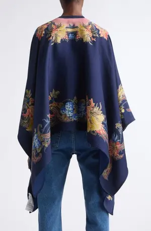 Etro Wool & Modal Cape - Print On Blue Base