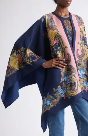 Etro Wool & Modal Cape - Print On Blue Base