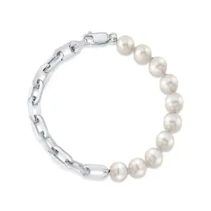 The Pearl Source 7mm White Freshwater Pearl And Chain Bracelet - Sterling Silver