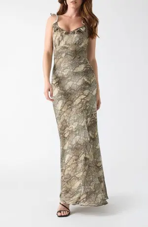 Guess Emy Snake Print Ruffle Maxi Dress