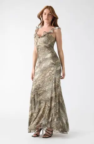 Guess Emy Snake Print Ruffle Maxi Dress