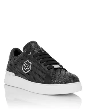 Philipp Plein Hexagon Woven Leather Low Top Sneakers - Black