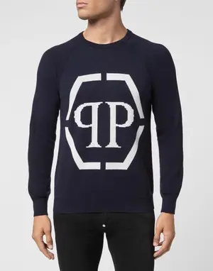 Philipp Plein Round Neck Pullover With Graphic Logo - Navy