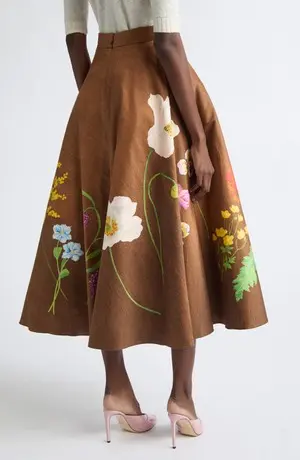 Oscar De La Renta Mixed Botanical Circle Midi Skirt - Brown Multi