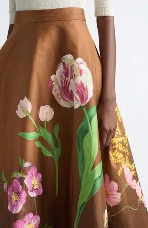 Oscar De La Renta Mixed Botanical Circle Midi Skirt - Brown Multi