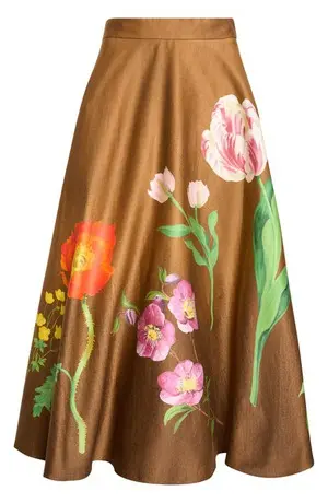 Oscar De La Renta Mixed Botanical Circle Midi Skirt - Brown Multi